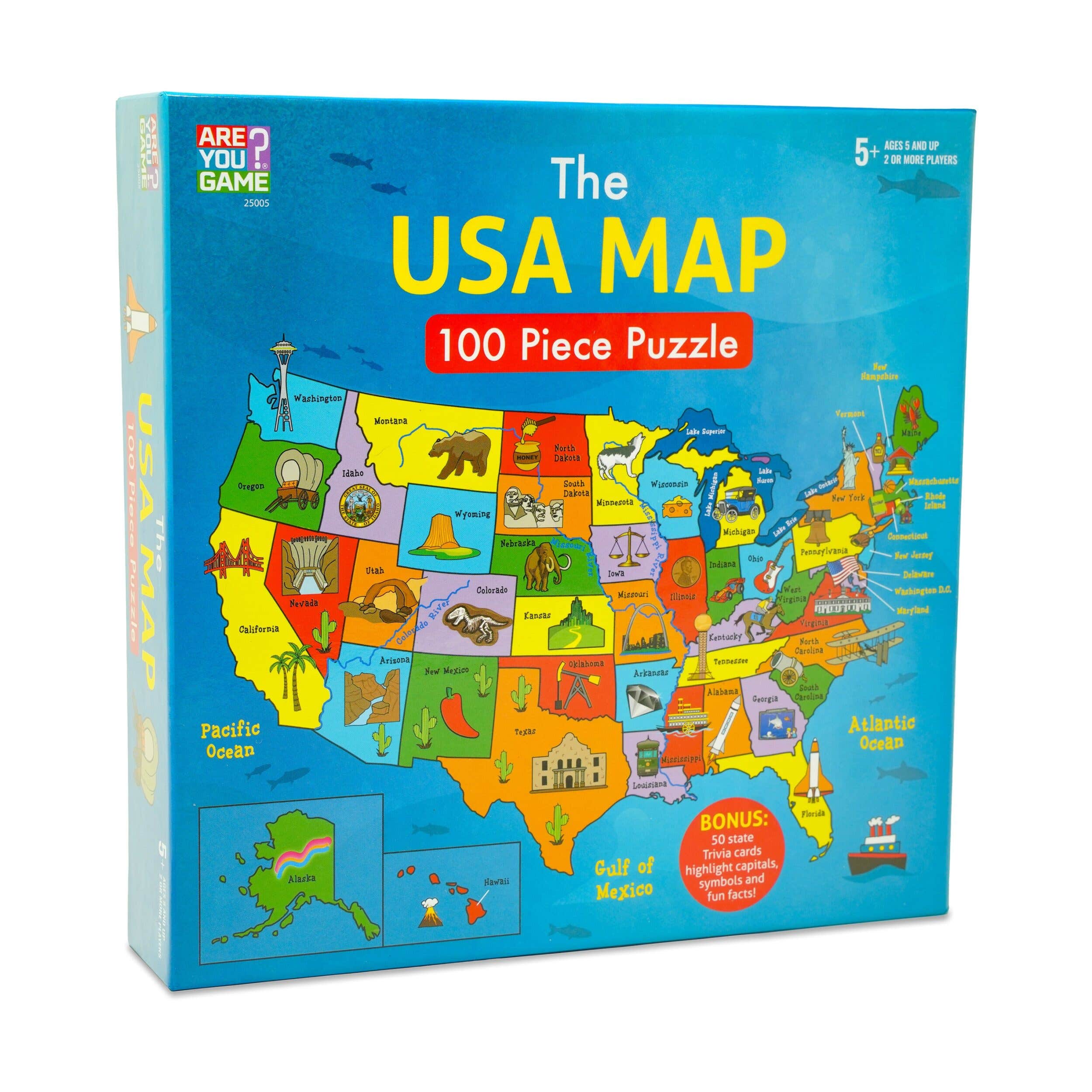 The USA Map Puzzle with Bonus Trivia Game: 100 Pcs - Literati School Store